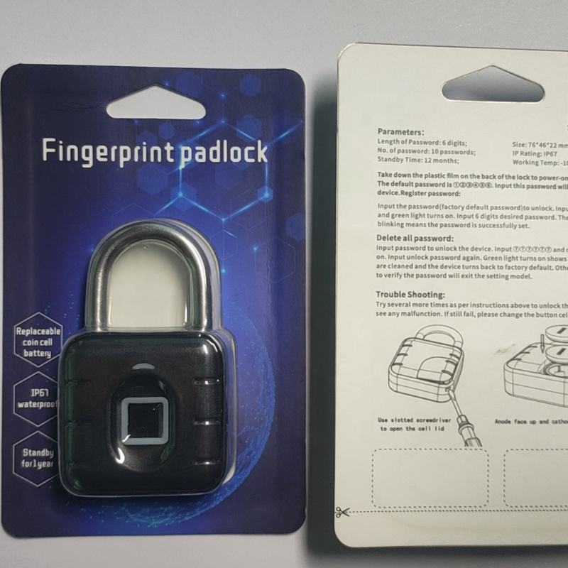 Zinc alloy IP67 waterproof fingerprint padlock black button cell ...